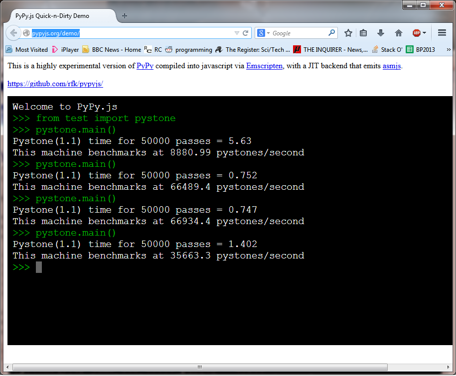 Go deh!: Python PyPy interpreter in Javascript: Firefox beats CPython beats Chrome!