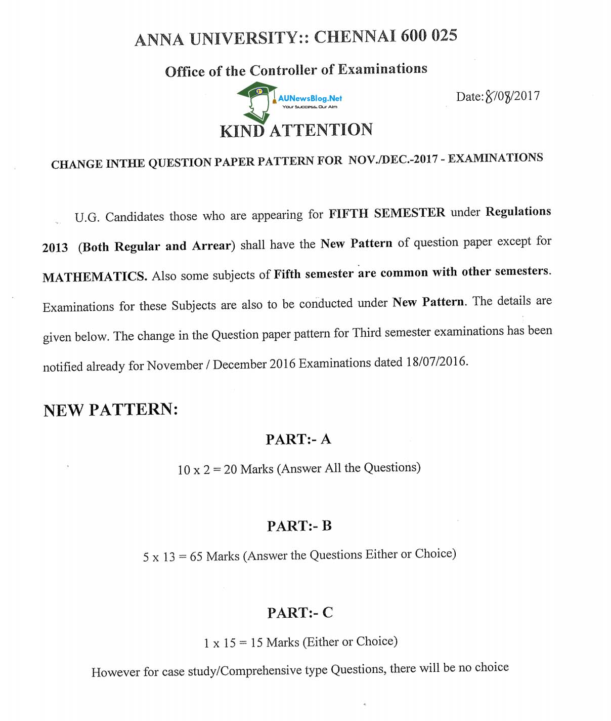 Anna University New Question Paper pattern for Nov Dec 2017 Exams