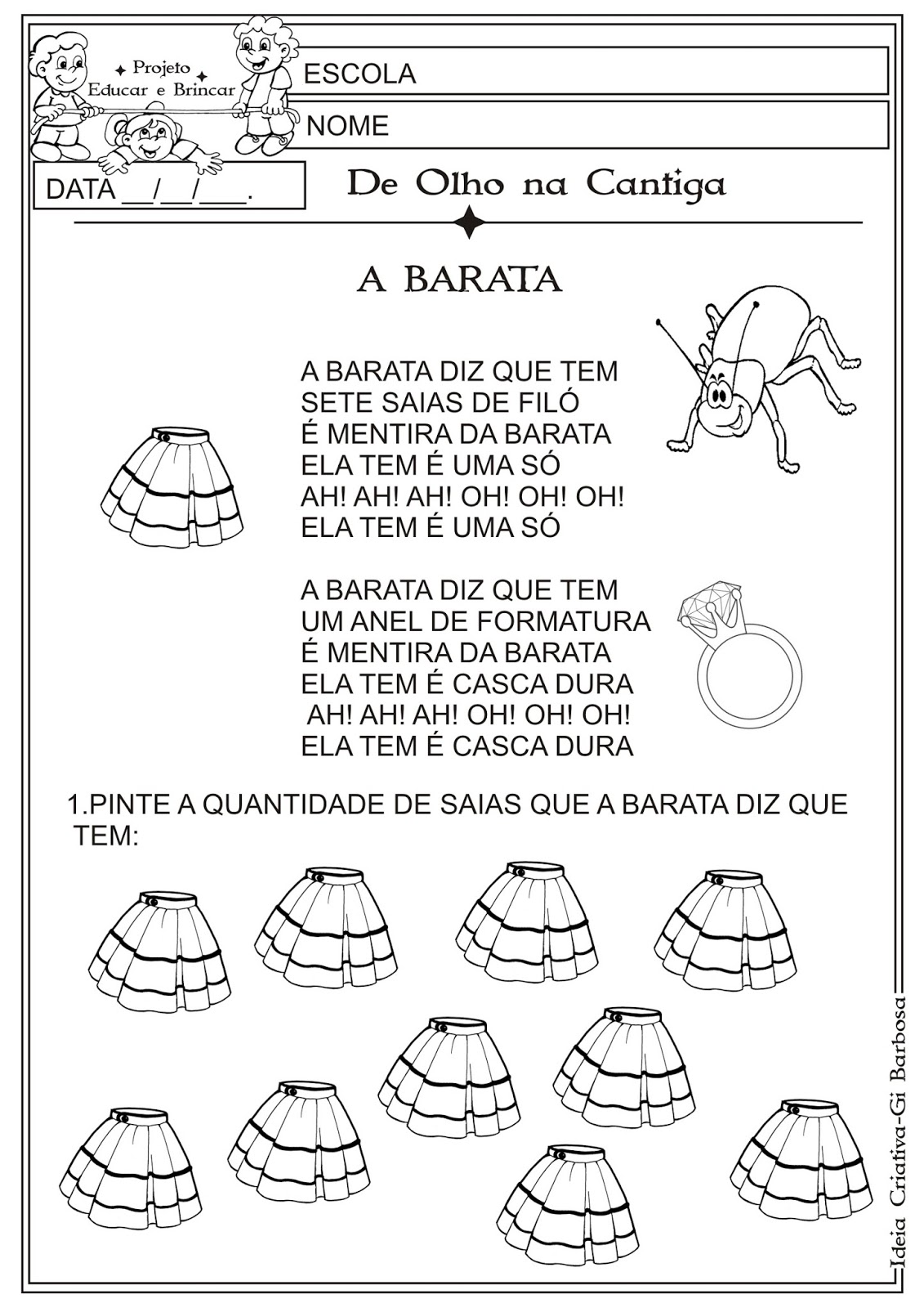 Atividade Folclore Cantiga de Roda A Barata | Ideia Criativa - Gi ...
