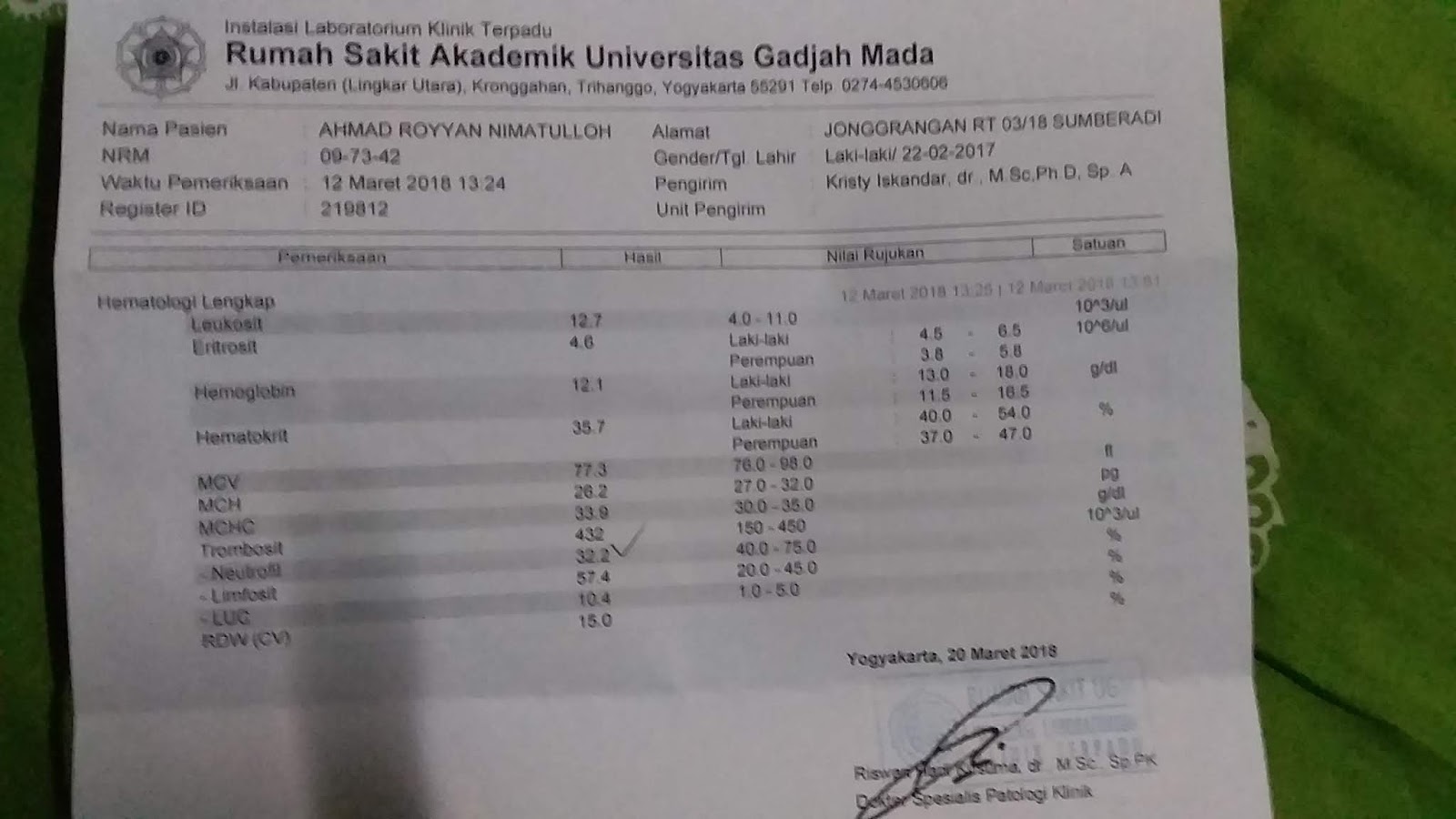 Contoh Hasil Lab / Laboratorium TB Kelenjar pada Anak