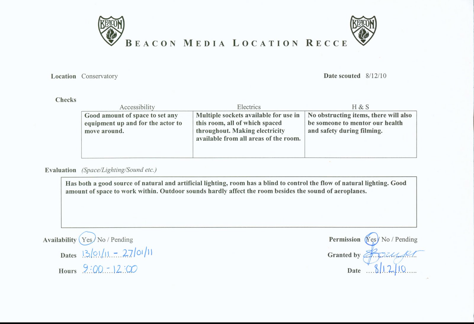 Pre-Production: Recce Form's