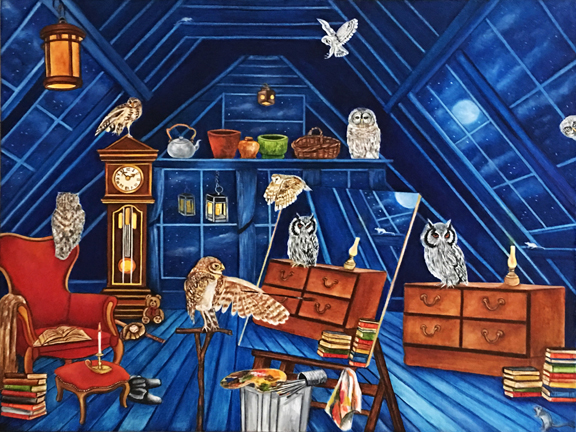 Whooo's in The Attic Oil Painting on Canvas by k Madison Moore
