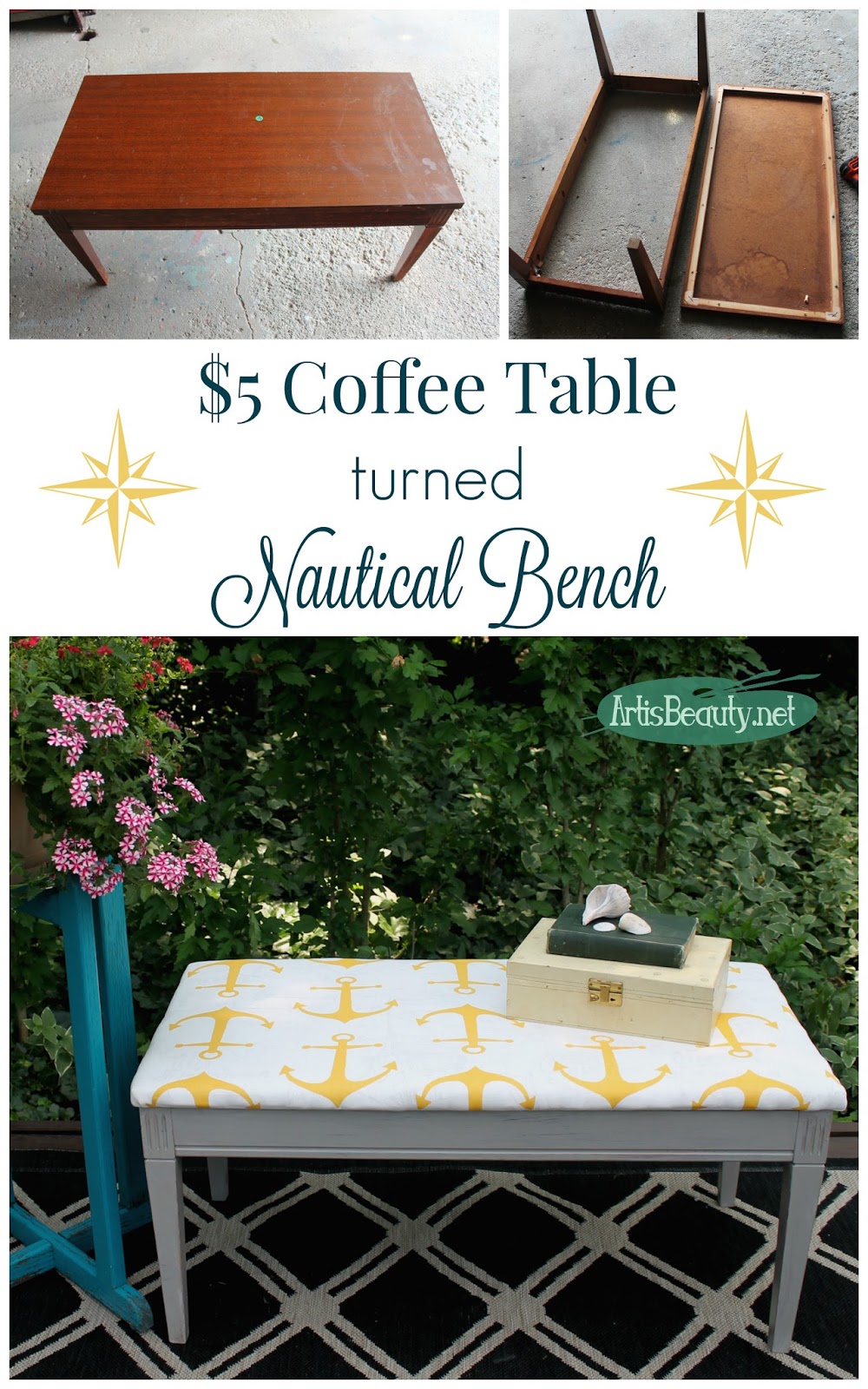 ART IS BEAUTY: $5 Coffee Table turned Nautical Bench.