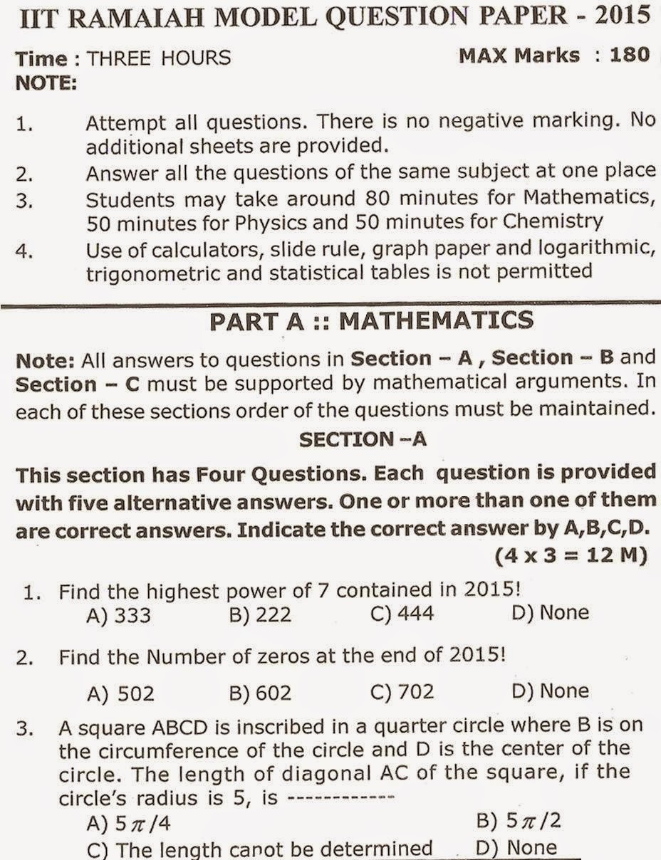 IIT Ramaiah SAT Model Paper for JEE Coaching - 2015