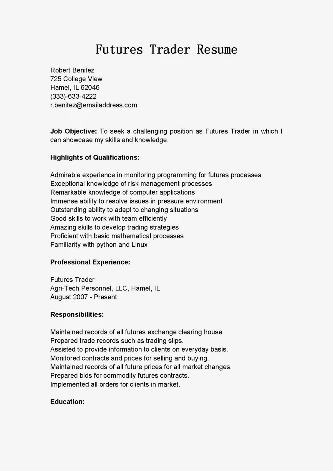 Resume Samples: Futures Trader Resume Sample