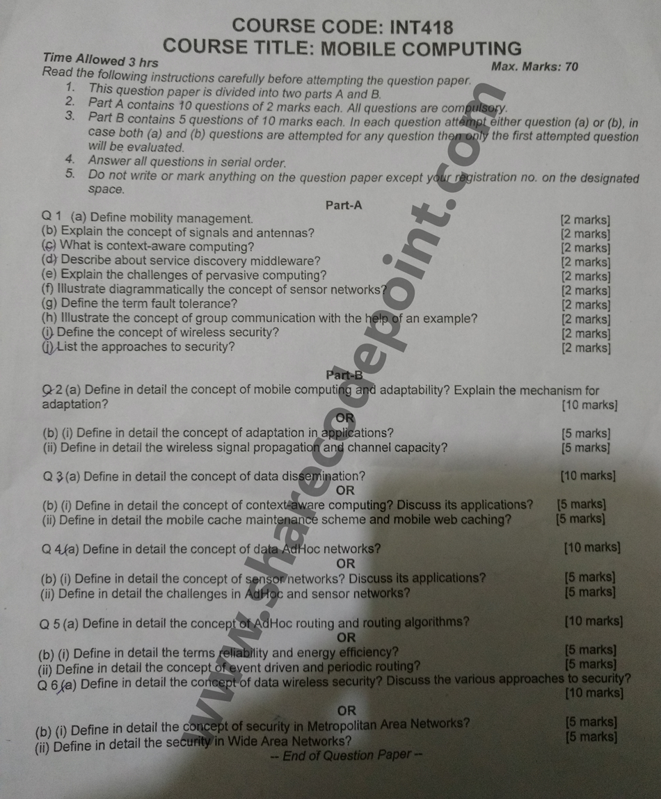 INT418 : Mobile Computing End Term Exam Question Paper - INT 418