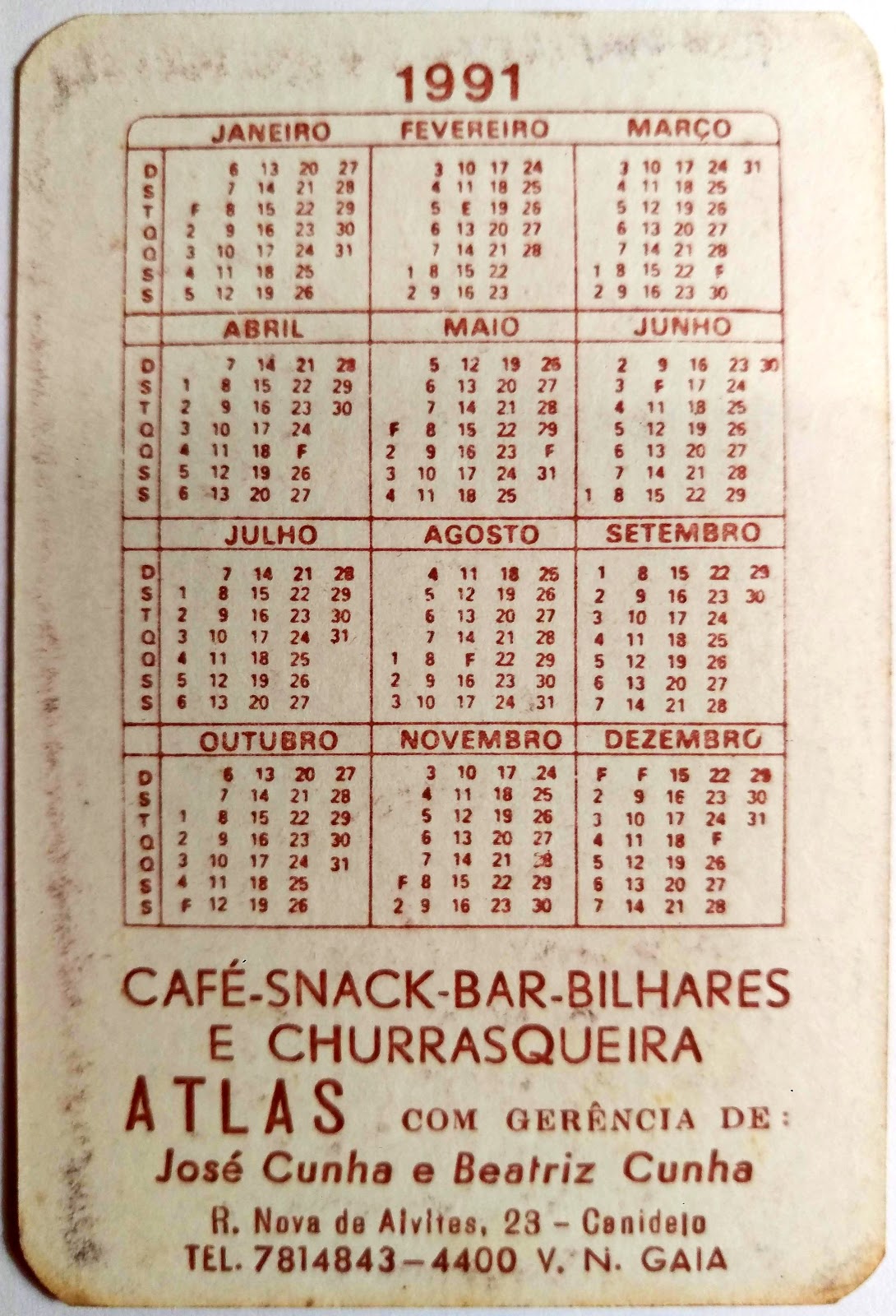 O Guarda Freio: Calendários de Bolso 1991