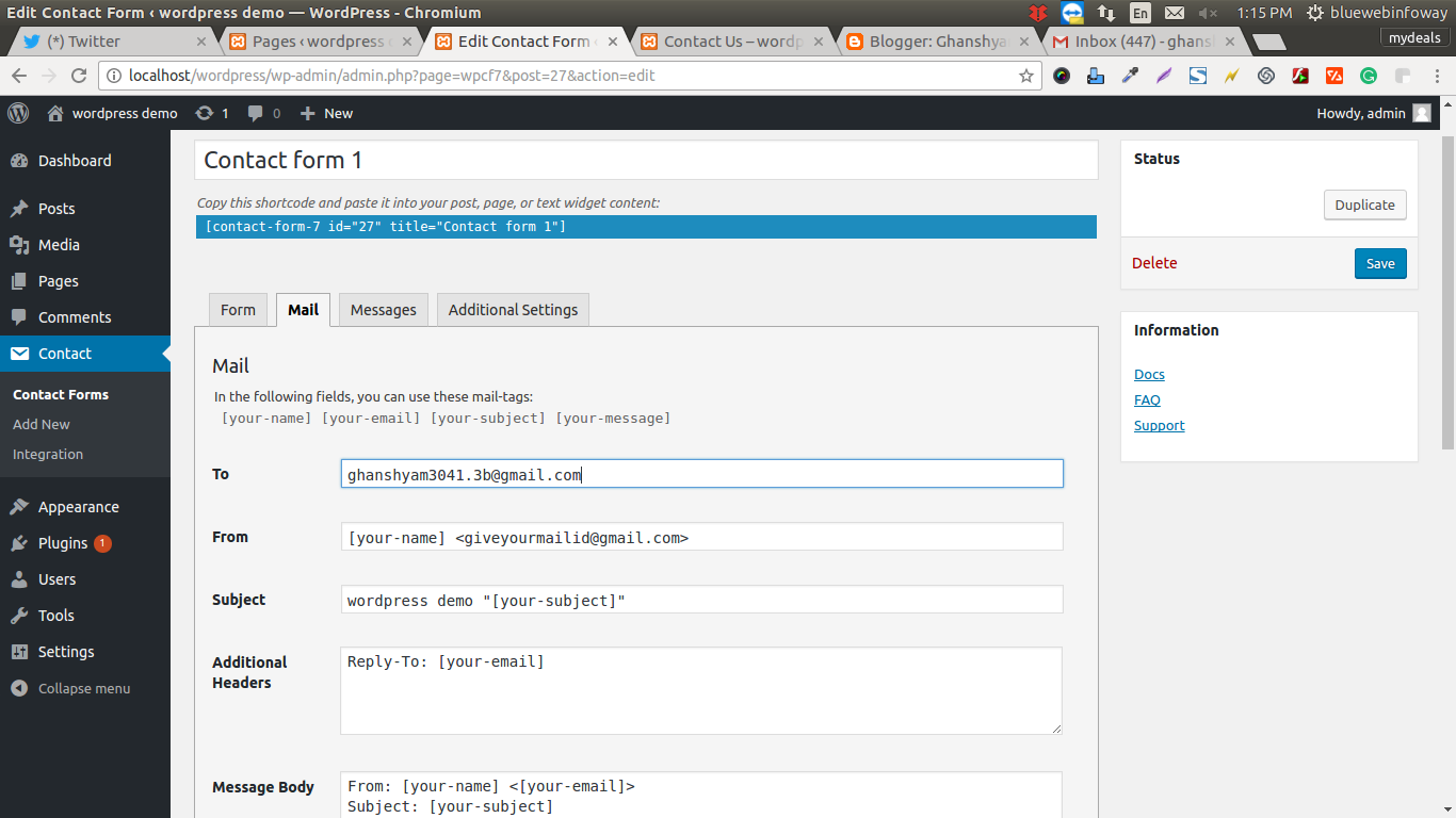 How to create contact form with your mail Id in WordPress website in 5 minute