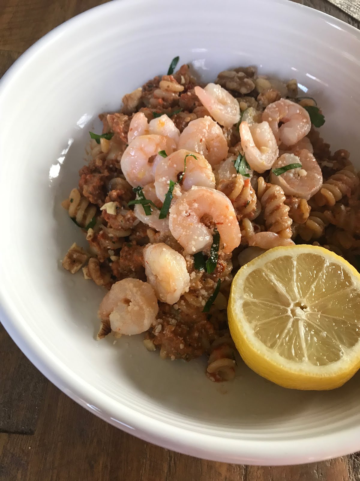 Fusilli with Garlic Shrimp and Roasted Red Pepper Sauce | Chef Jen