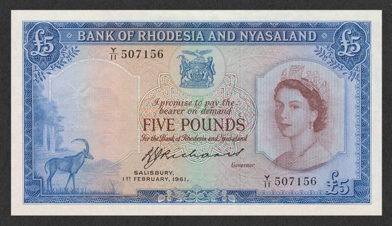 Rhodesia and Nyasaland banknotes Five Pound Note 1961 Queen Elizabeth ...