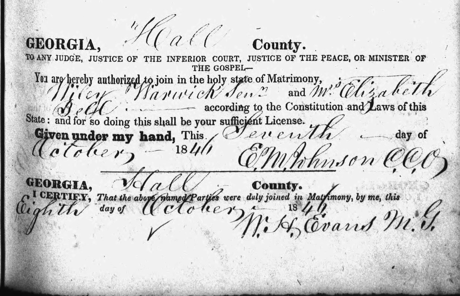 Tess's Tree: Wiley Warwick, Senr and Mrs. Elizabeth Bell marriage ...