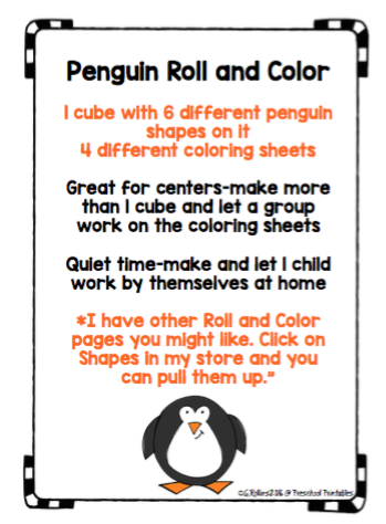 Penguin Shapes Roll and Color ~ Preschool Printables