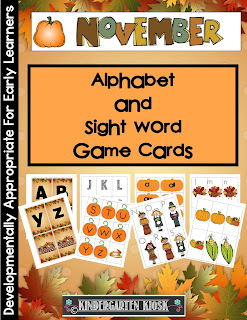 Kindergarten Kiosk: November Alphabet and Sight Word Game Cards