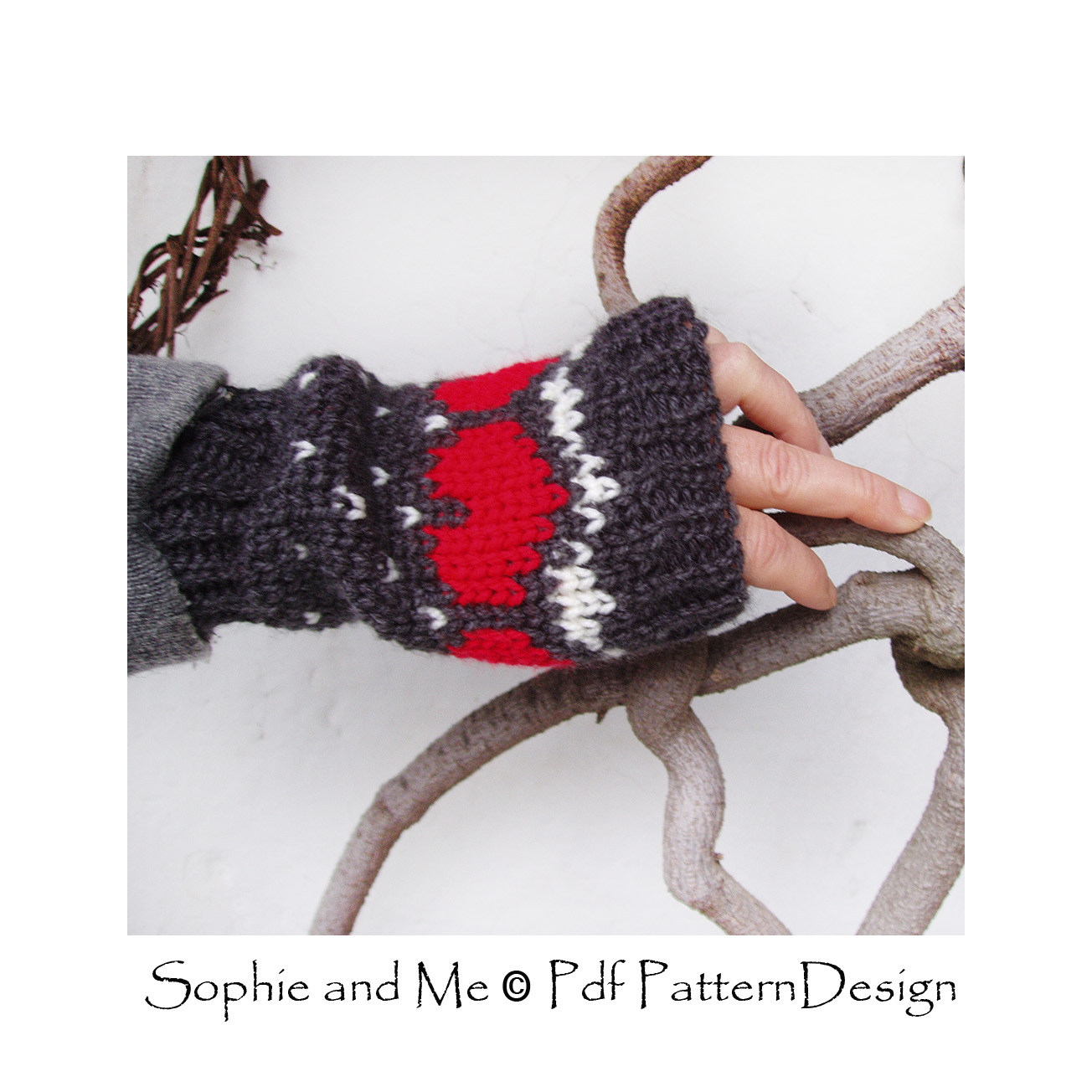 FAIR ISLE CROCHET/KNIT SNOW HEART MITTENS AND FINGERLESS GLOVES