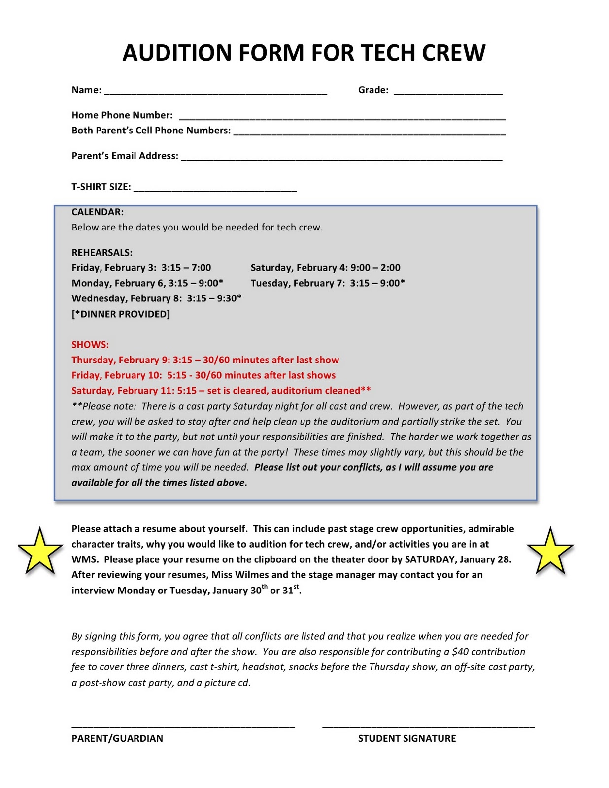 Wyoming Middle School Theater: TECH CREW AUDITION FORM