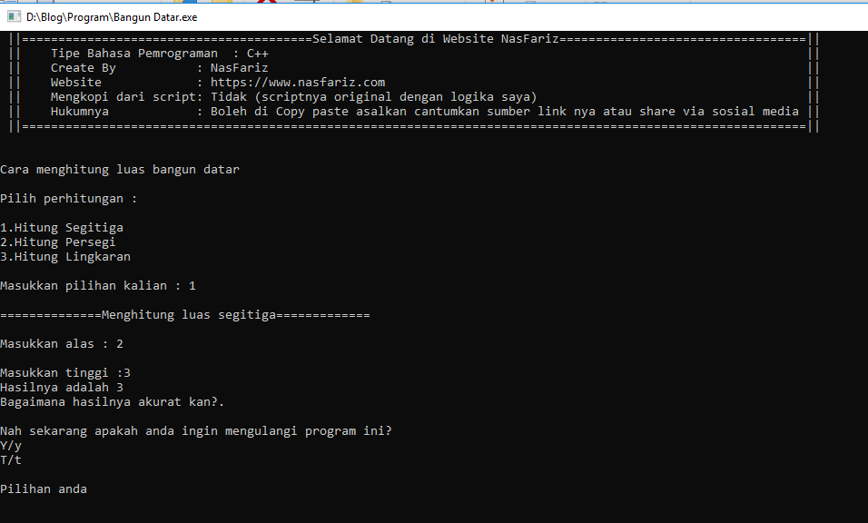 Kodingan Bangun Datar menggunakan Bahasa Pemrograman C++ | NasFariz