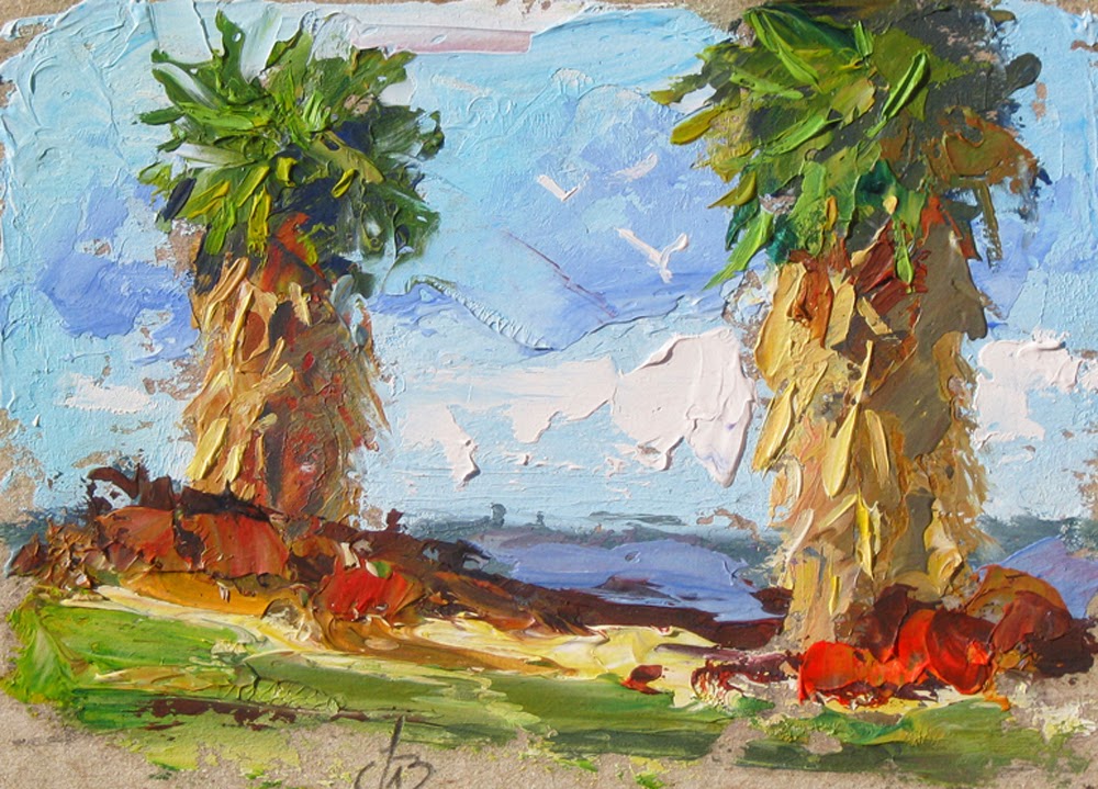 TOM BROWN FINE ART: PALM TREES, OCEAN, MINIATURE OIL PAINTING by TOM BROWN