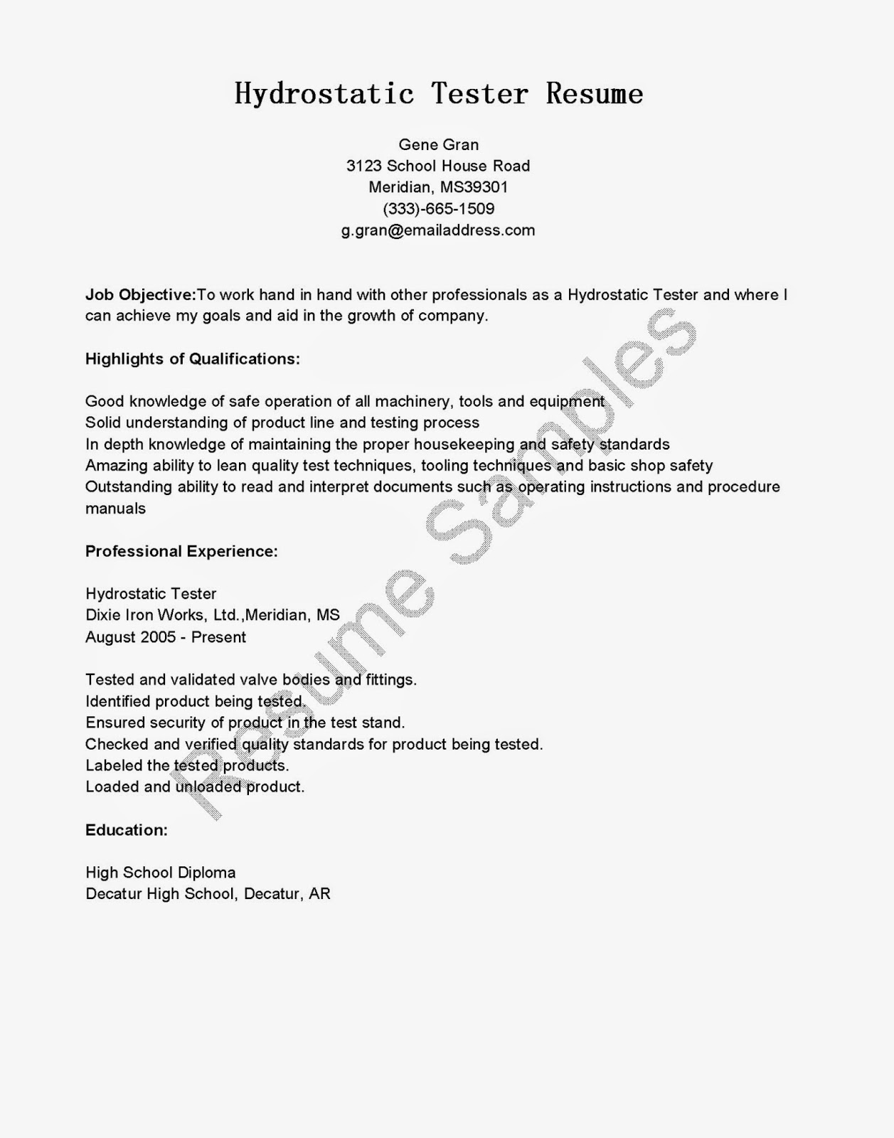 Resume Samples: Hydrostatic Tester Resume Sample