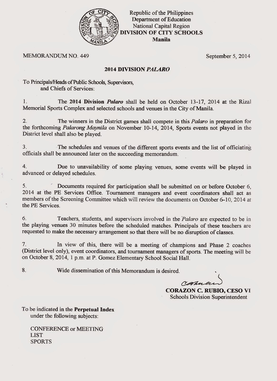 Department of Education Manila: Division Memorandum No. 449 - 2014 ...
