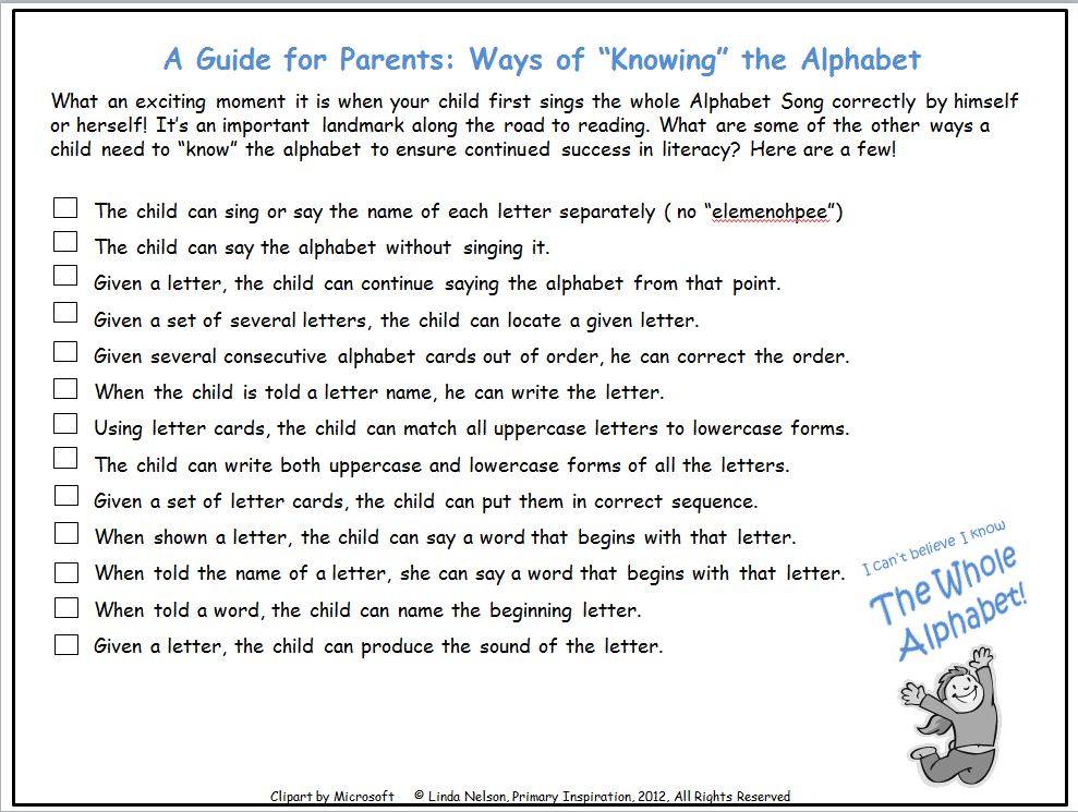 Classroom Freebies Too: Beyond the ABC Song: Parent Checklist