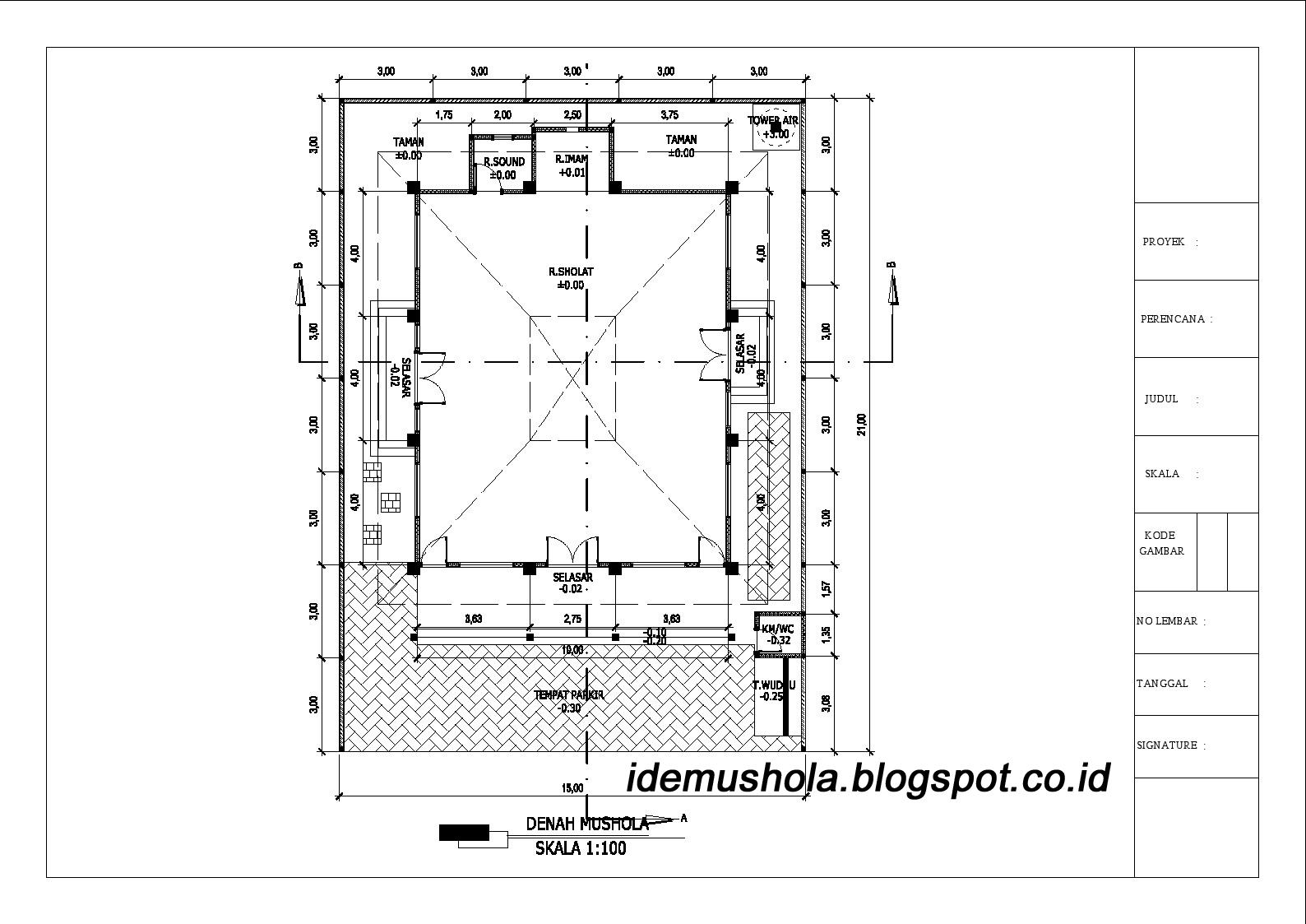 ide mushola: denah mushola dan potongan bentang 10x12 m