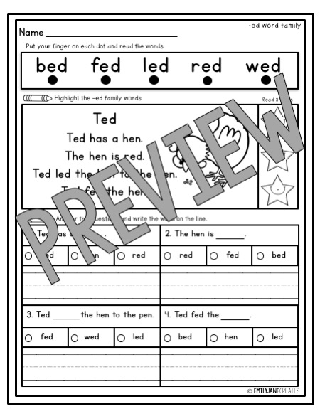 Emily Jane Creates: READING COMPREHENSION PASSAGES-CVC WORD FAMILY WORDS