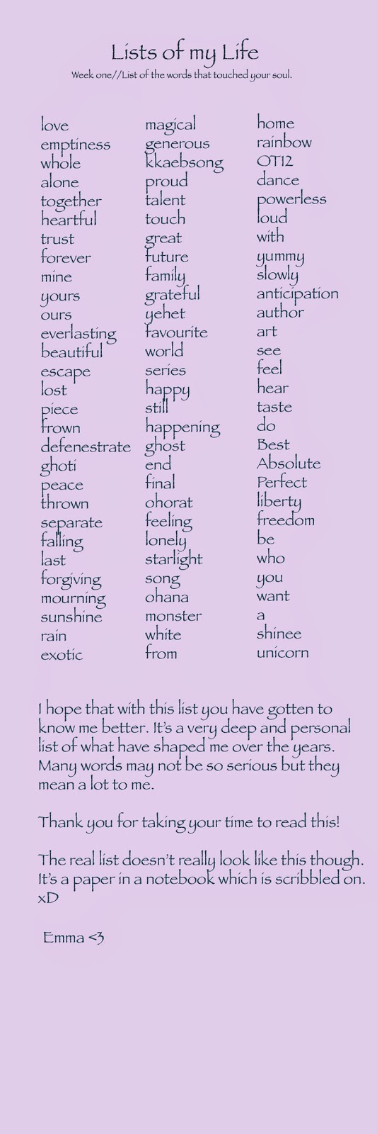 LolliesChan: Lists of my life, week one// List the words that touched ...