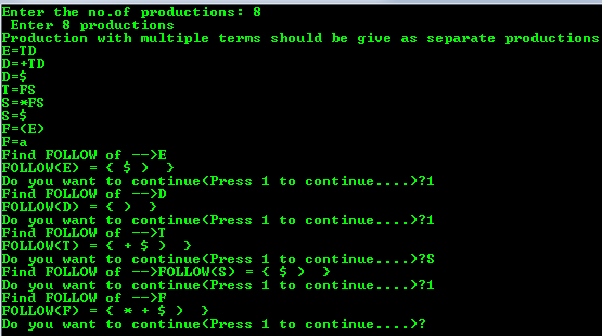 FIRST AND FOLLOW OF A GIVEN GRAMMAR USING C