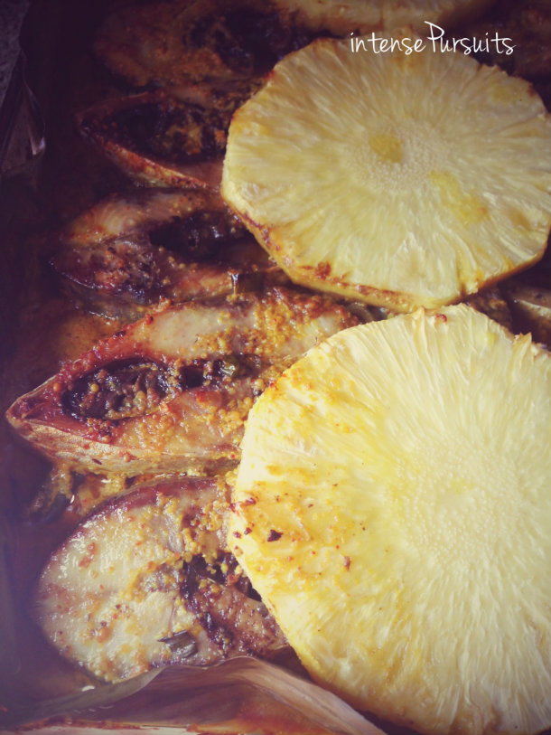 Food: baked hilsha with pineapple [boishakhi anarosh ilish]