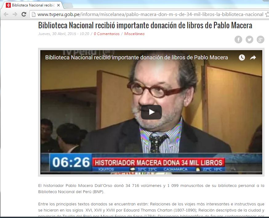 PABLO MACERA DONA LIBROS Y DOCUMENTOS A LA BIBLIOTECA NACIONAL DEL PERÚ ...
