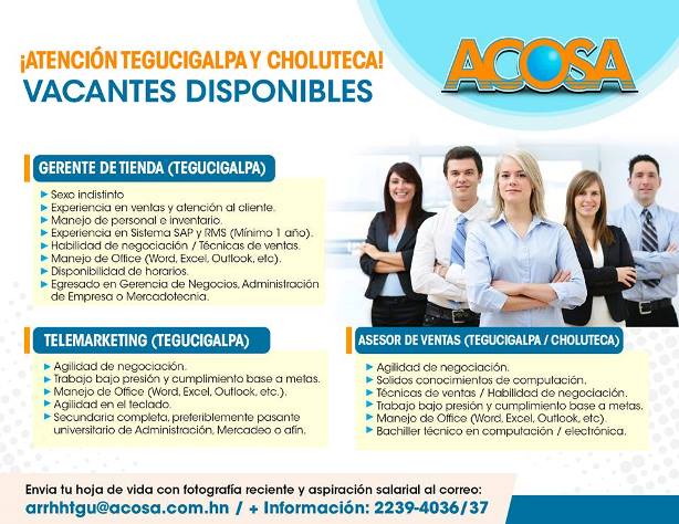 Vacantes Disponibles (ACOSA) - Tegucigalpa / Choluteca