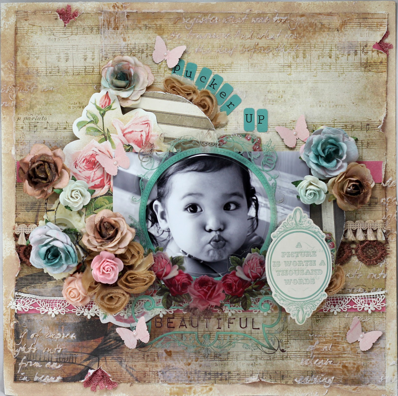 Tiffanys Paper Designs: Pucker Up layout. The Piece by Piece DT Project.