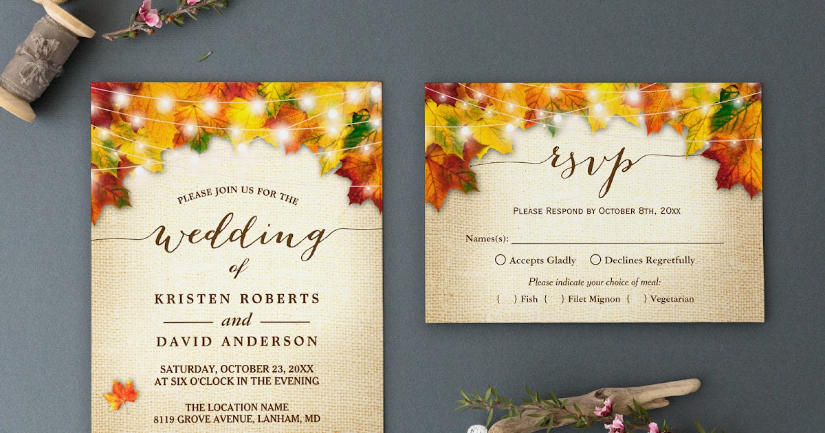 Fall Leaves String Lights Burlap Wedding Invitation Suite | Mimoprints