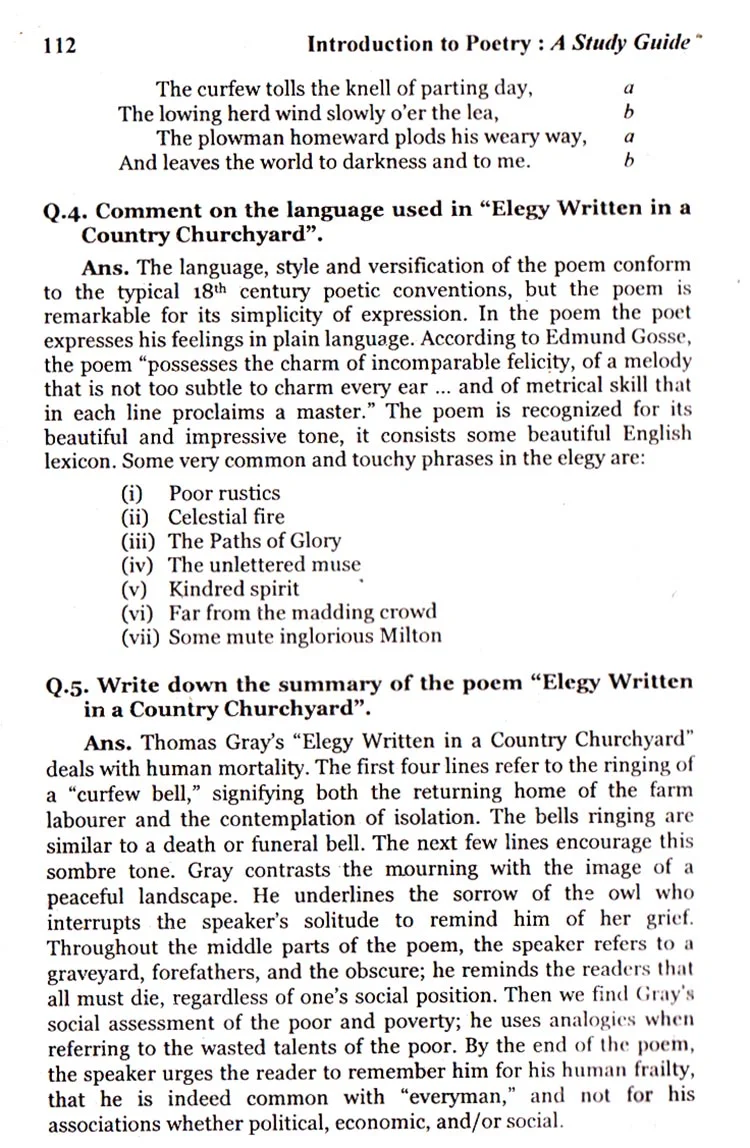 Short Questions with Answers (Elegy written in a country churchyard ...