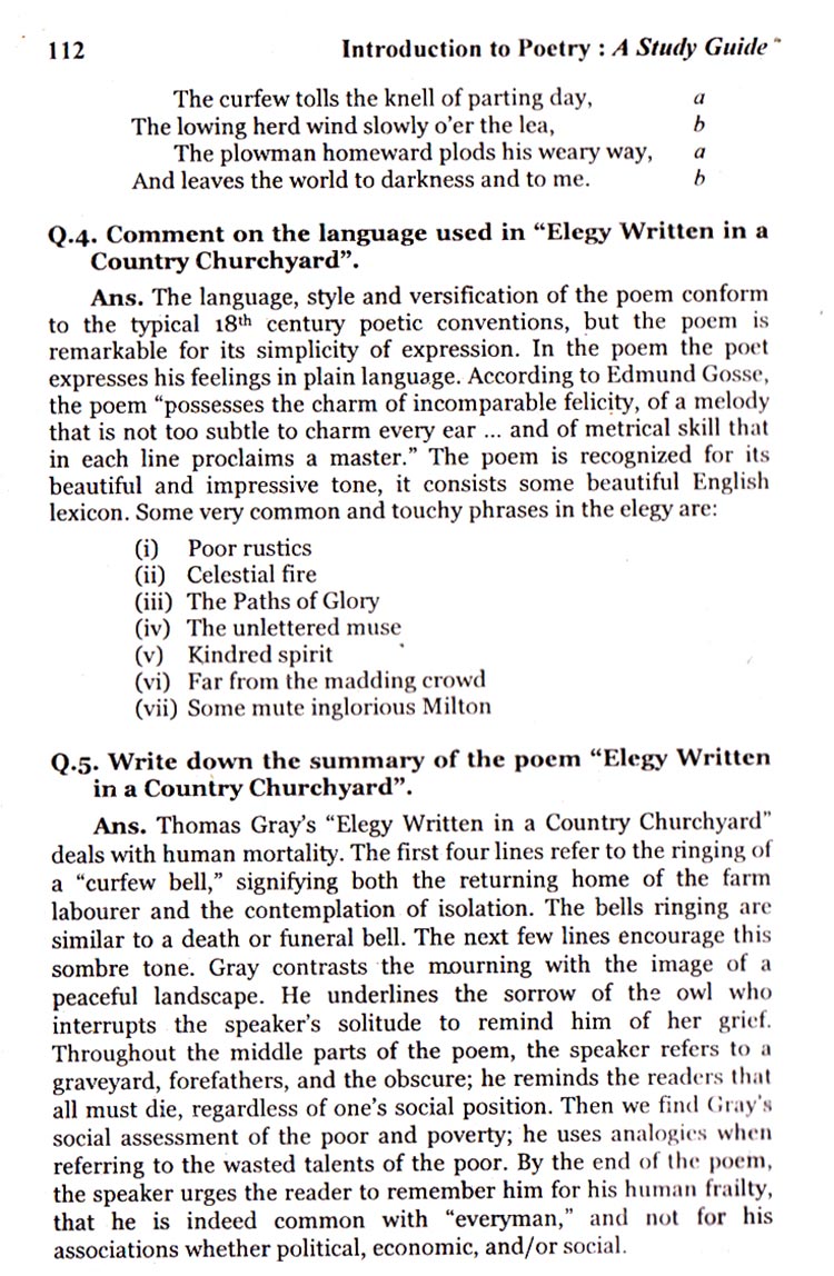 Short Questions with Answers (Elegy written in a country churchyard ...