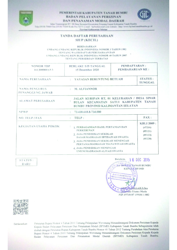 Yayasan Beruntung Betuah: SIUP SITU DAN LOGO YAYASAN BERUNTUNG BETUAH