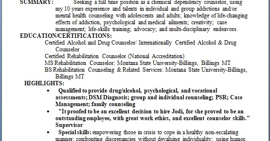Addiction Counselor Sample Resume Format in Word Free Download