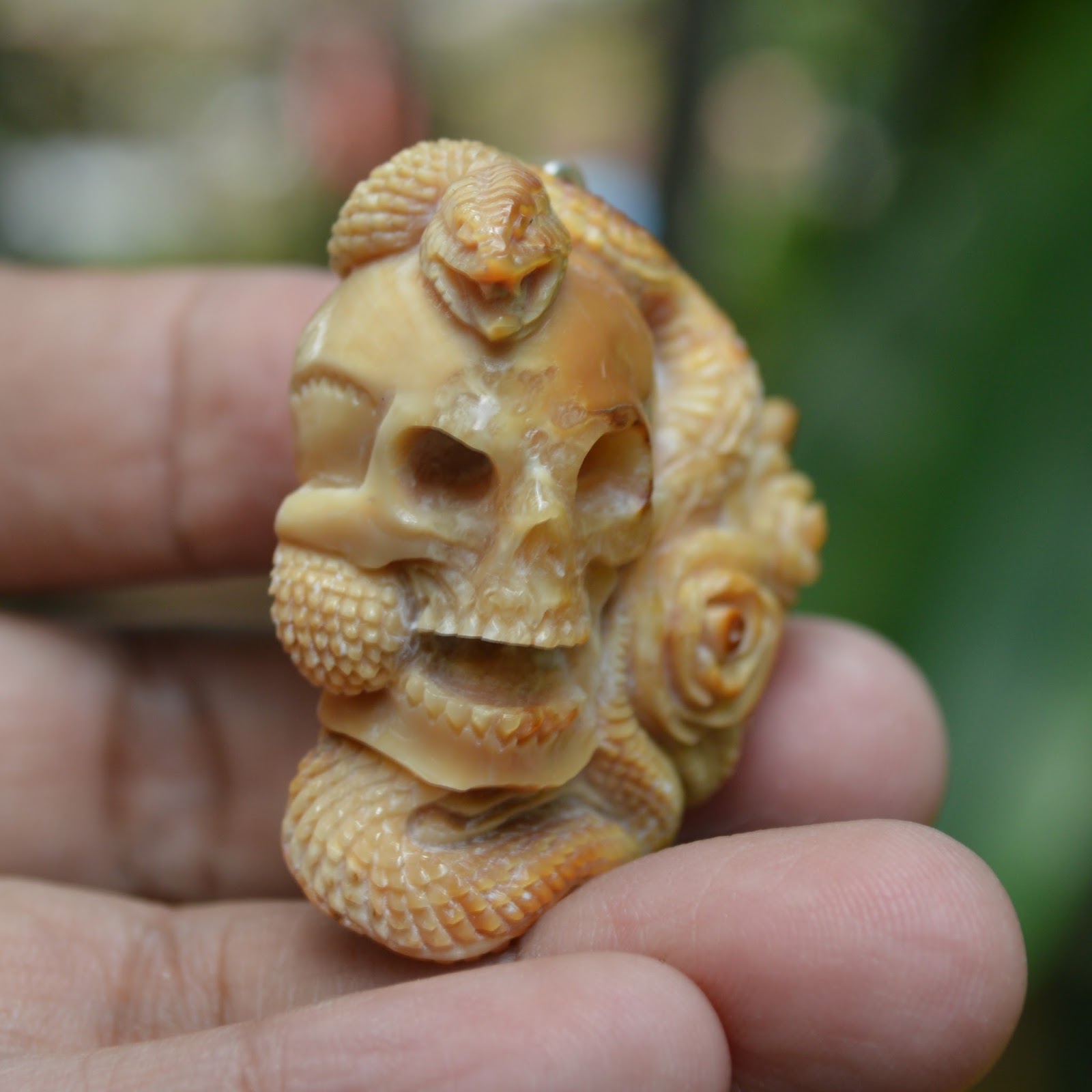 1.8" Hand Carved Skull Snake Natural Fossil Carving w 925 silver ...