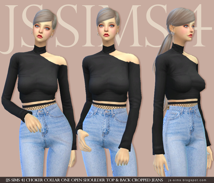 [JS SIMS 4] Choker Collar One Open Shoulder Top & Back Cropped Jeans－JS ...