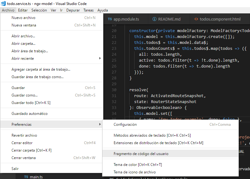 NgServe: Creación de snippets en Visual Studio Code