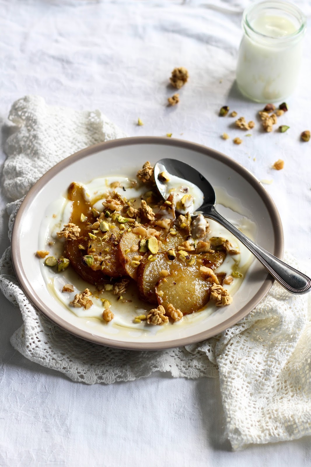 The Spoon and Whisk: Spiced Pears with Honey, Nuts, Granola and Yoghurt