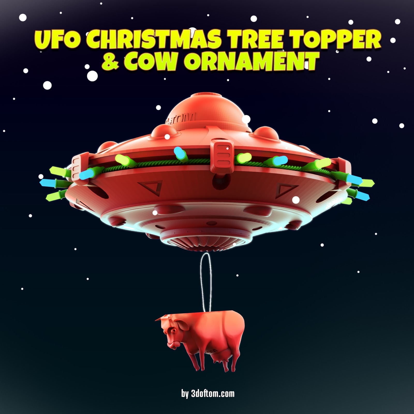 UFO Christmas Tree Topper and Cow Ornament Set
