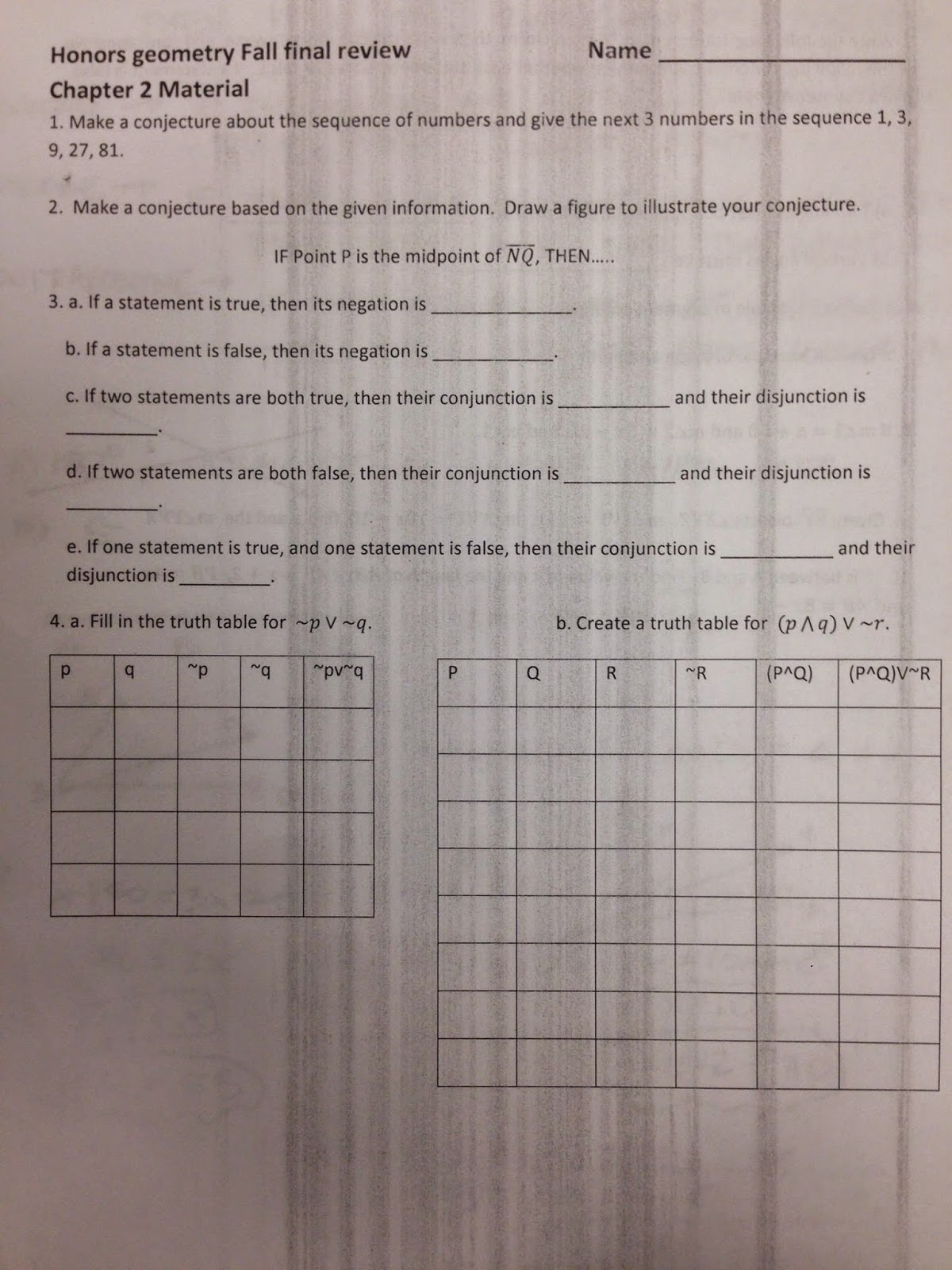 Honors Geometry - Vintage High School: Chapter 2 Fall final review