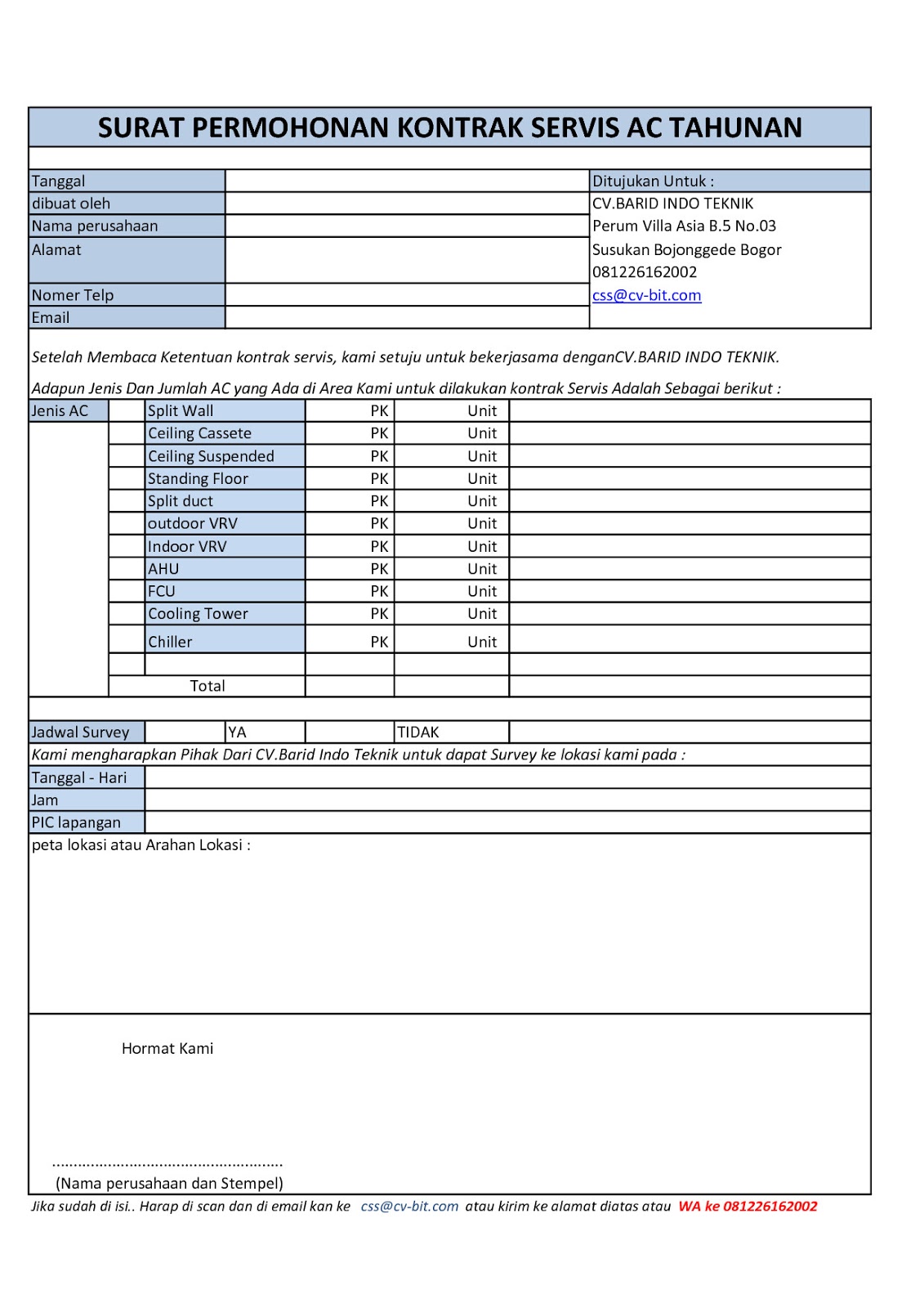 CV. BARID INDO TEKNIK: FORMULIR KONTRAK SERVIS