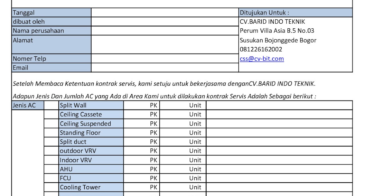 CV. BARID INDO TEKNIK: FORMULIR KONTRAK SERVIS