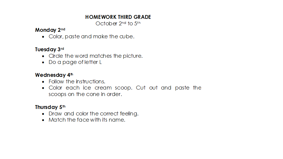 Instituto Británico de Torreón, Preescolar: HOMEWORK 3K 2- 5 OCT-2017