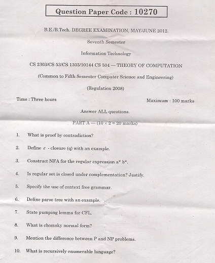 Cs2303 Theory Of Computation May June 2012 Question Paper University Question Papers