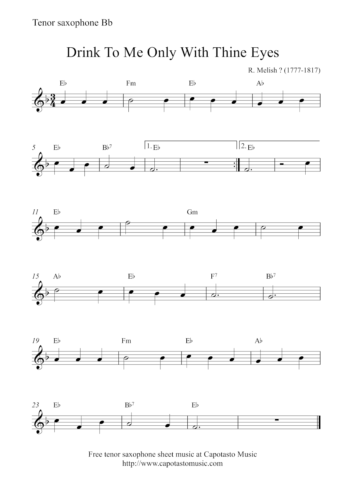 Free easy tenor saxophone sheet music | Drink To Me Only With Thine Eyes