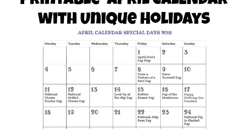 April Calendar of Special Days and Holidays for Curriculum Planning ...
