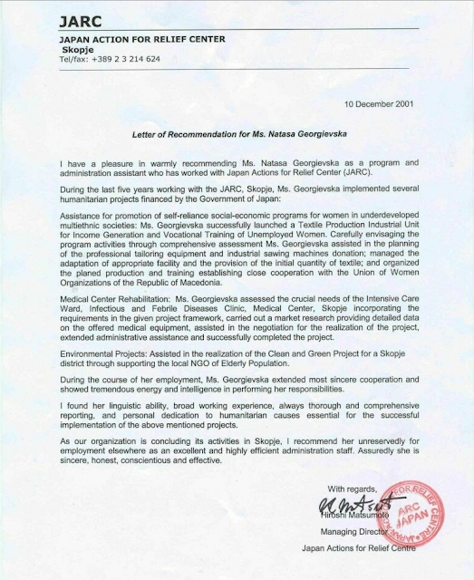 NATASHA MILBURN : Recommendation Letter from Japan Action for Relief Center
